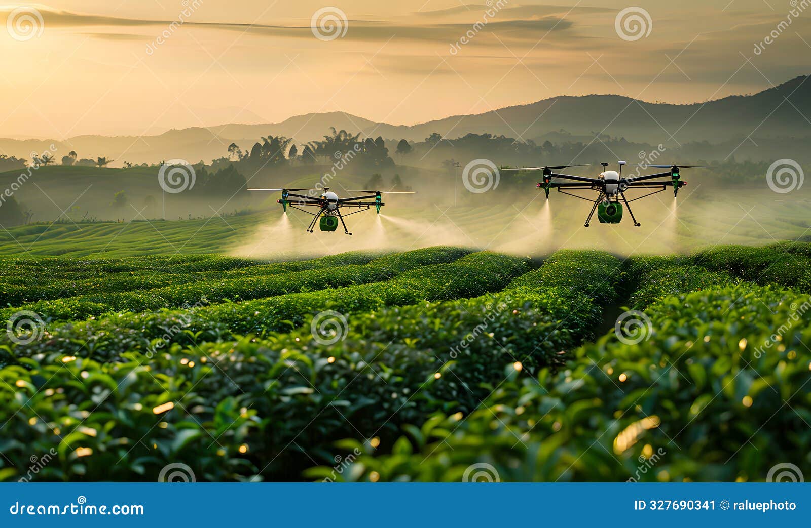 Agriculture Drones Spraying Crops in a Tea Plantation Stock ...