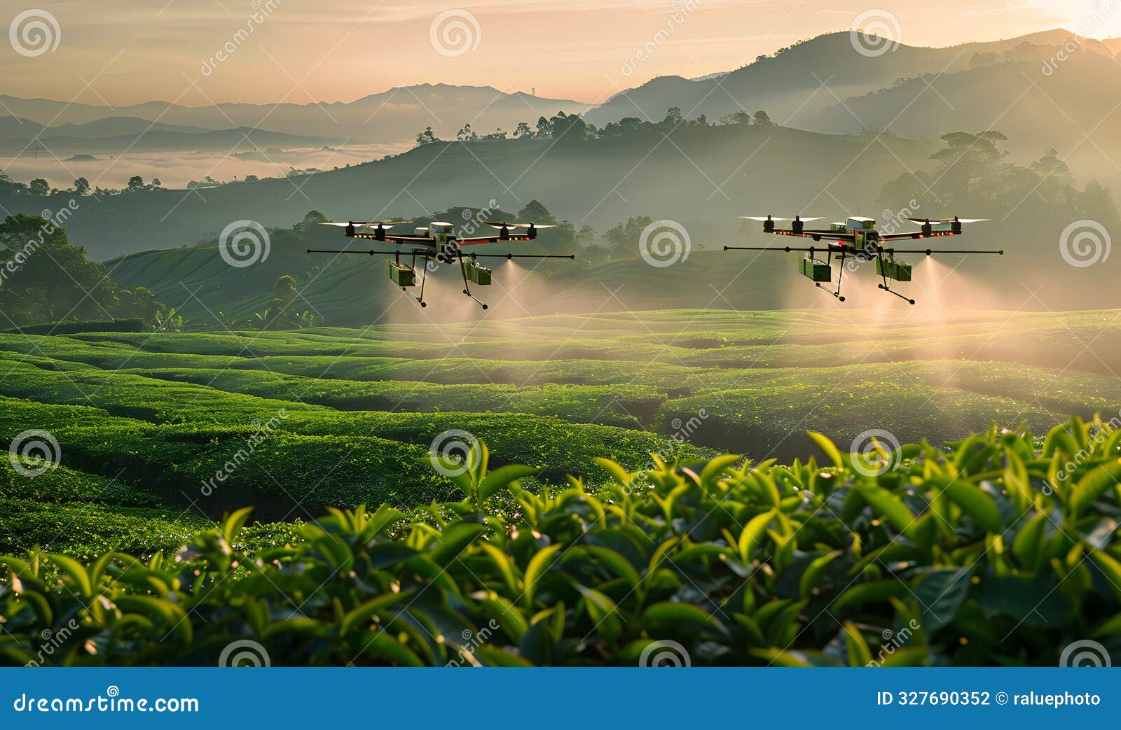 Agriculture Drones Spraying Crops in a Tea Plantation Stock ...