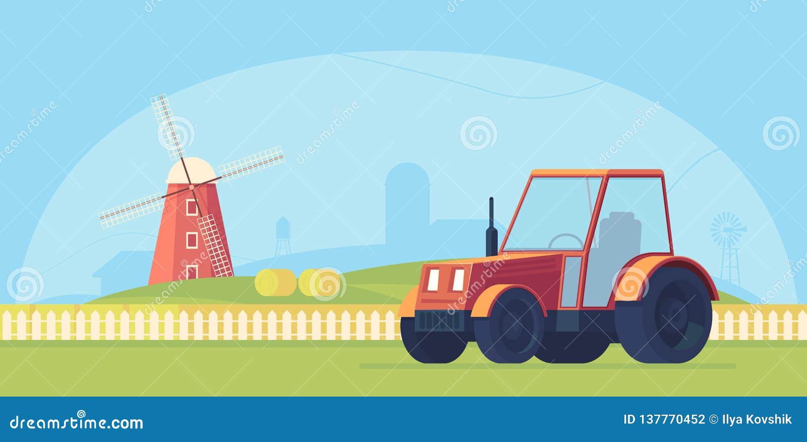 Agriculture. Farm Rural Landscape with Red Windmill, Tractor and ...
