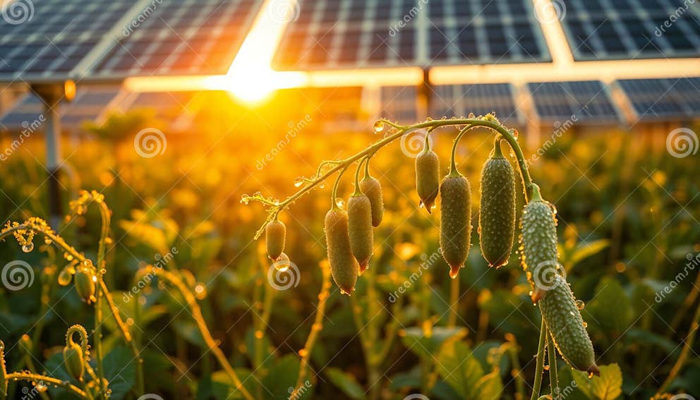 Seed Pods Silhouetted Against Solar Panels at Sunset, Generative Ai ...