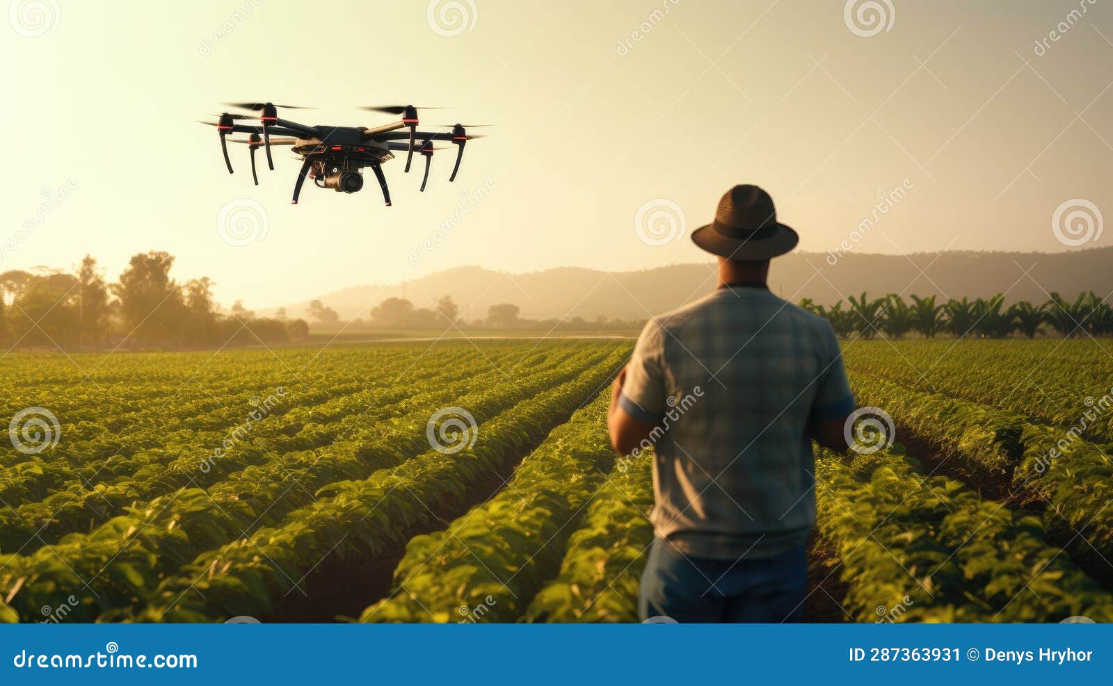 An Agronomist Checks the Yield with Drones in the Fields Stock ...