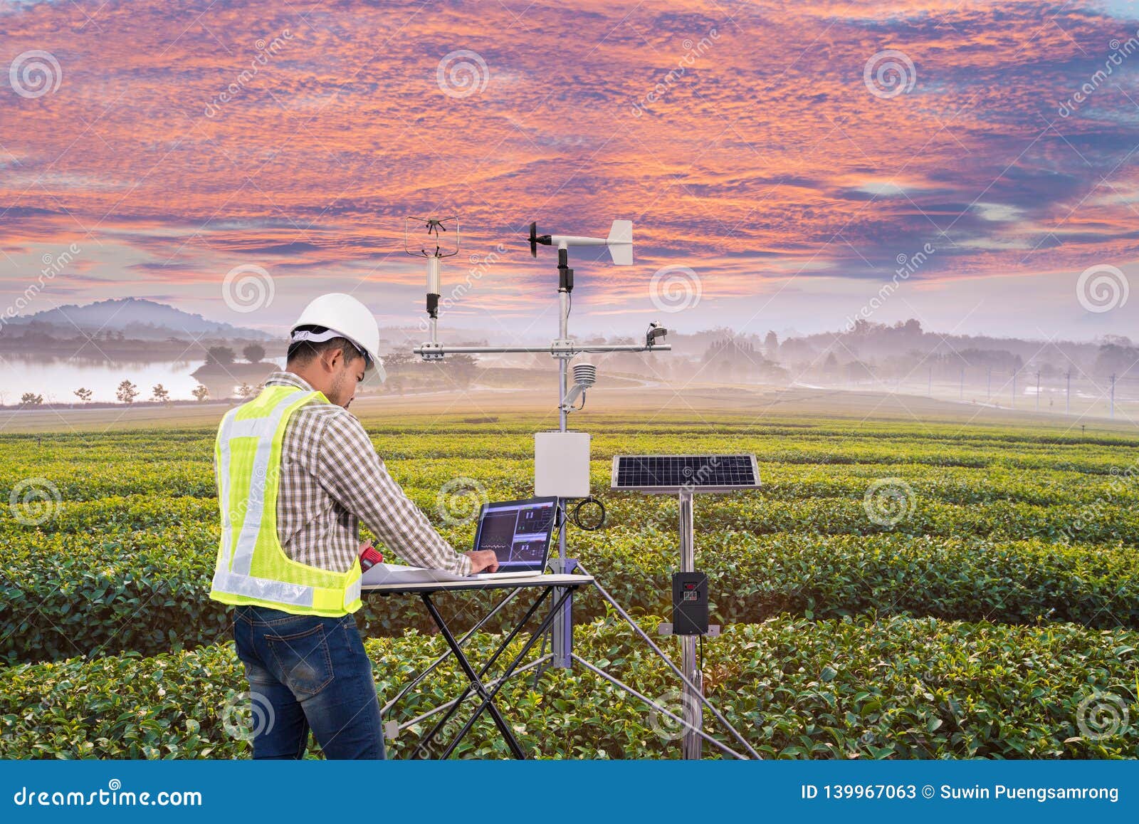 .Agronomist Using Tablet Computer Collect Data with Meteorological ...