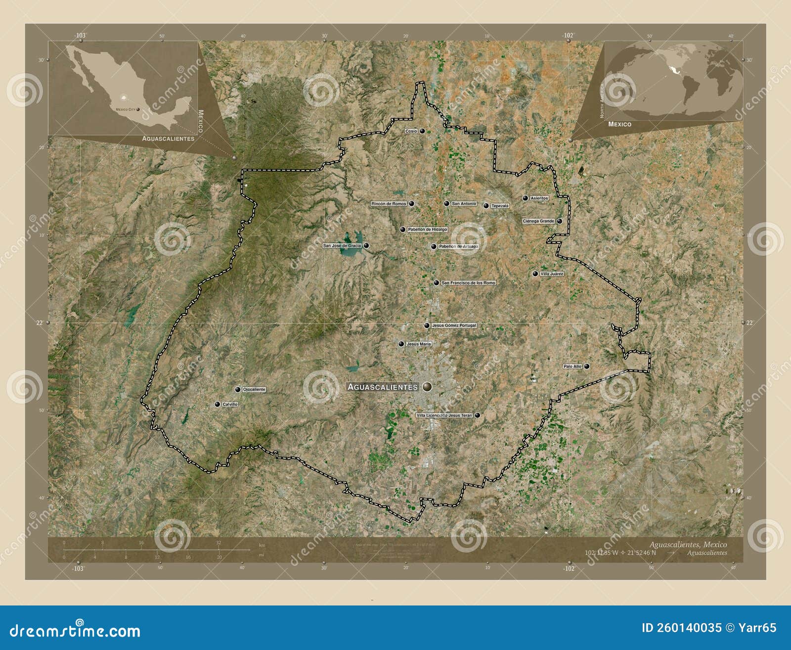Aguascalientes, Mexico. High-res Satellite. Labelled Points of Cities ...