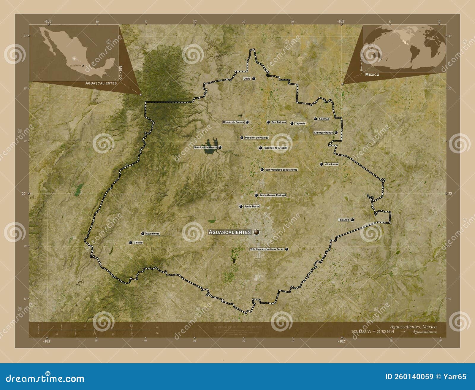 Aguascalientes, Mexico. Low-res Satellite. Labelled Points of Cities ...