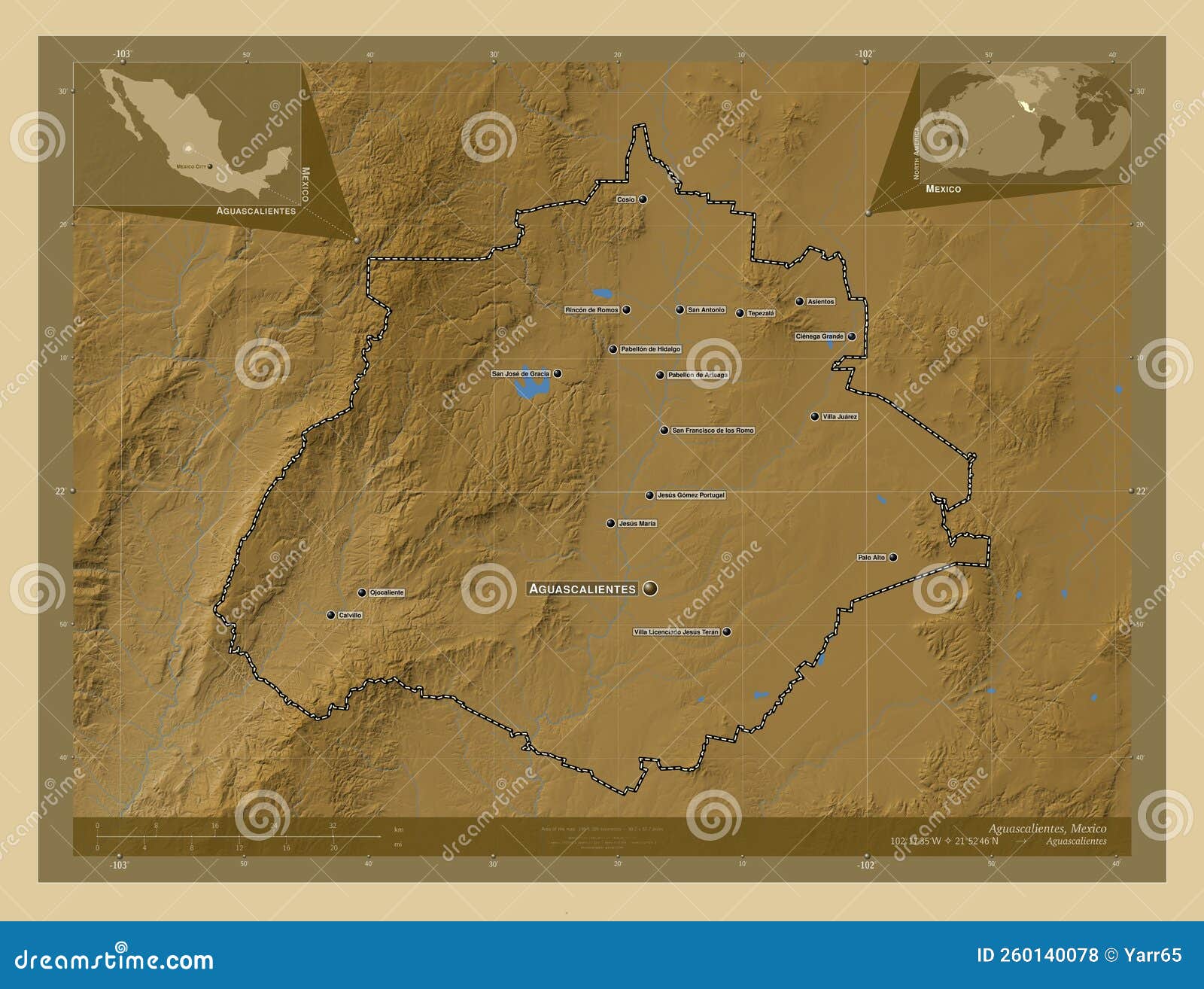 Aguascalientes, Mexico. Physical. Labelled Points of Cities Stock ...
