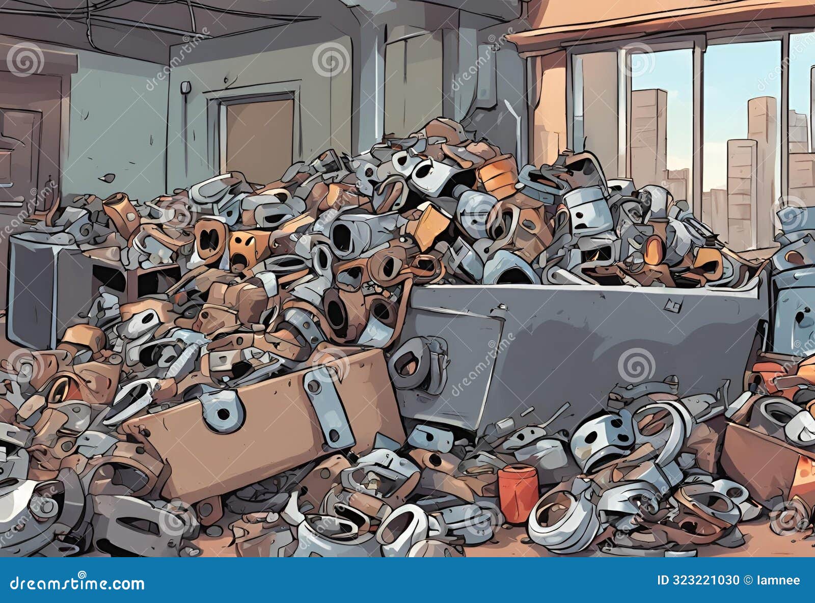 Metal Waste Waiting To Be Recycled for Reuse in Manufacturing.Cartoon ...