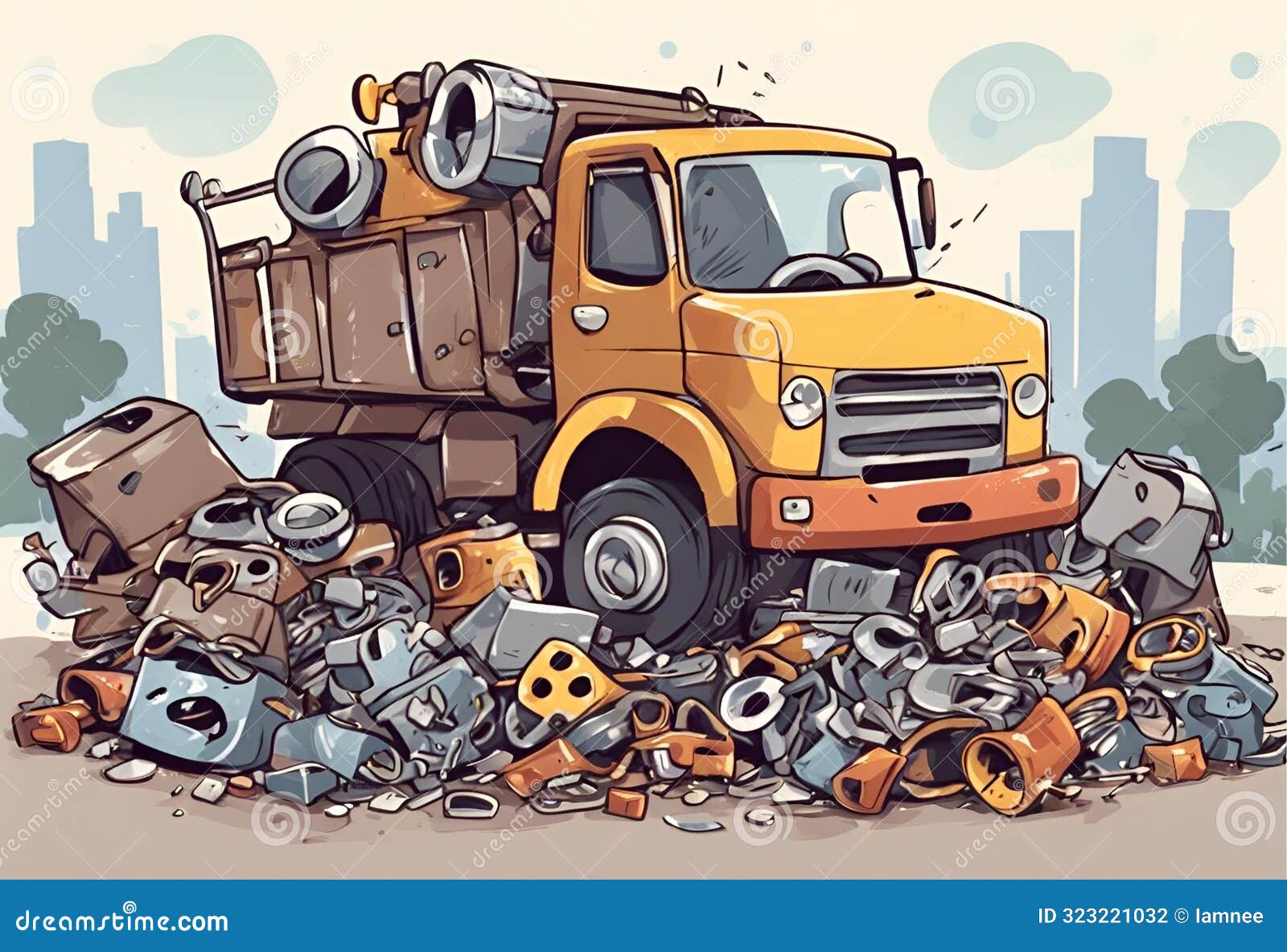 Metal Waste Waiting To Be Recycled for Reuse in Manufacturing.Cartoon ...