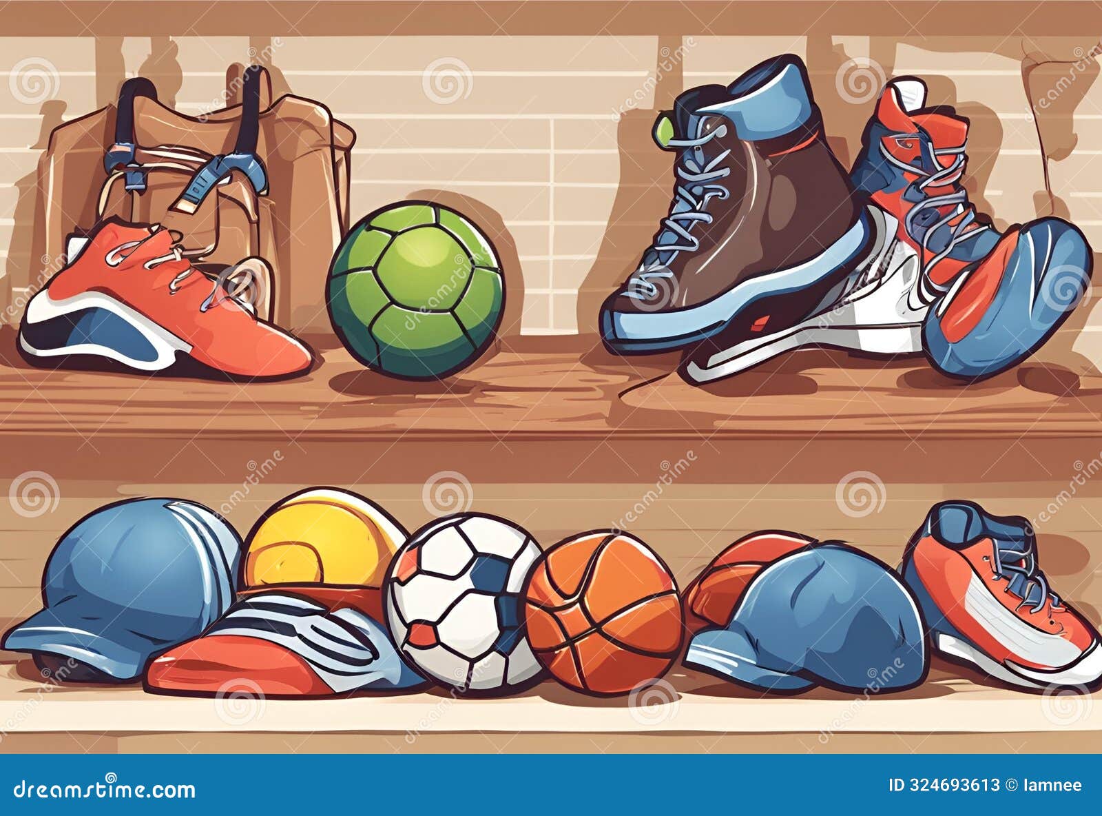 Shelf Full of Sports Equipment.Cartoon Abstract Art.AI Generated Stock ...