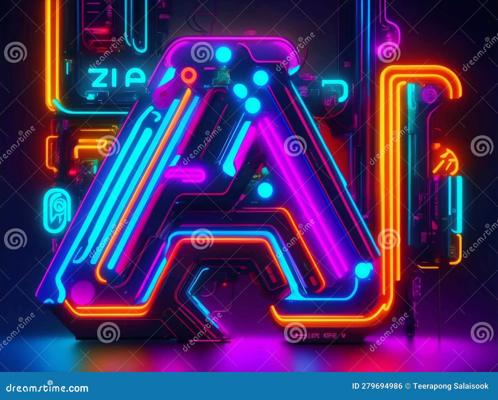 AI Alphabet with Colorful Neon and Technology Network Elements ...