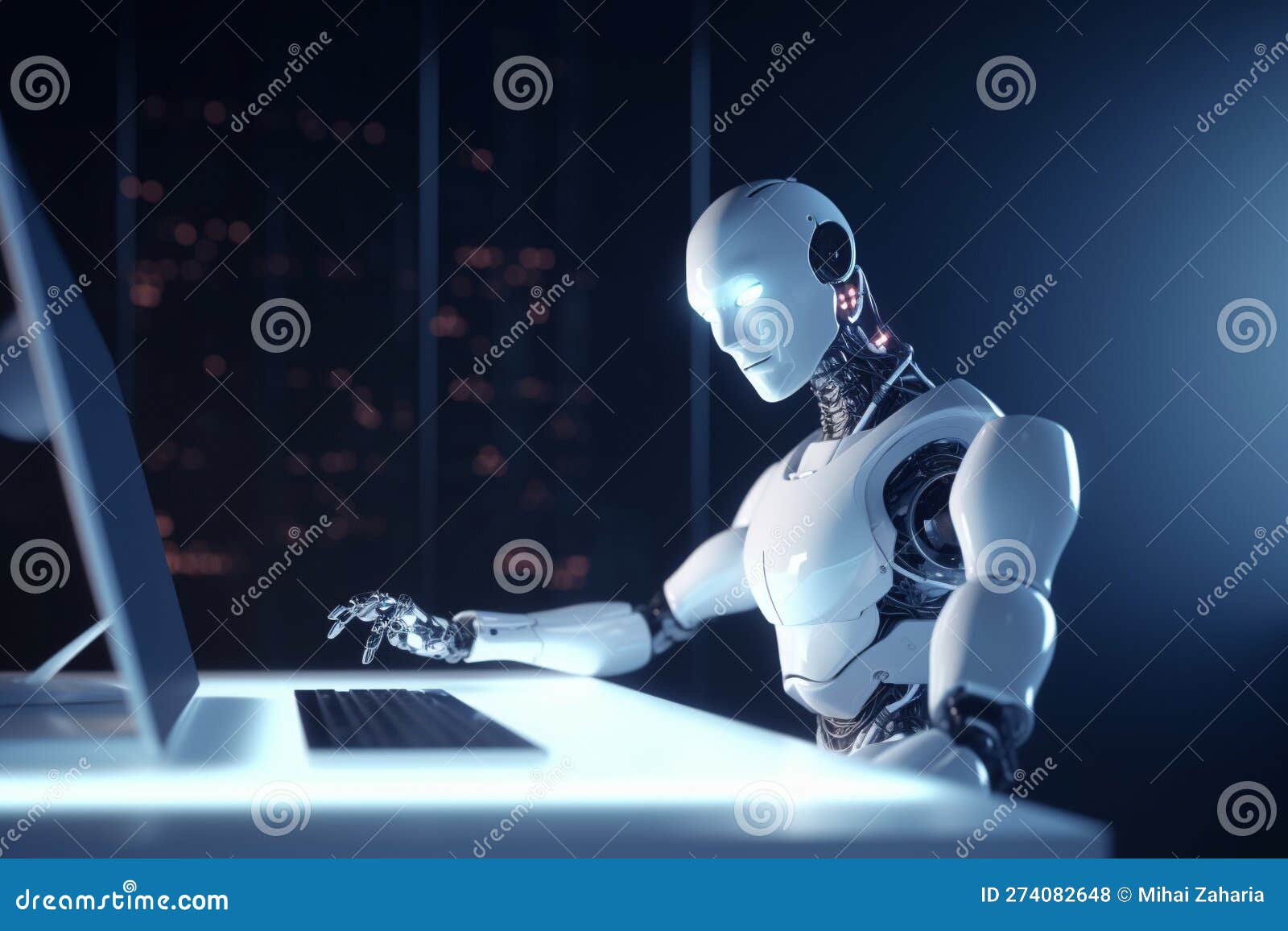 AI Android Robot ChatGPT Sitting on Desk and Using Computer To Chat ...