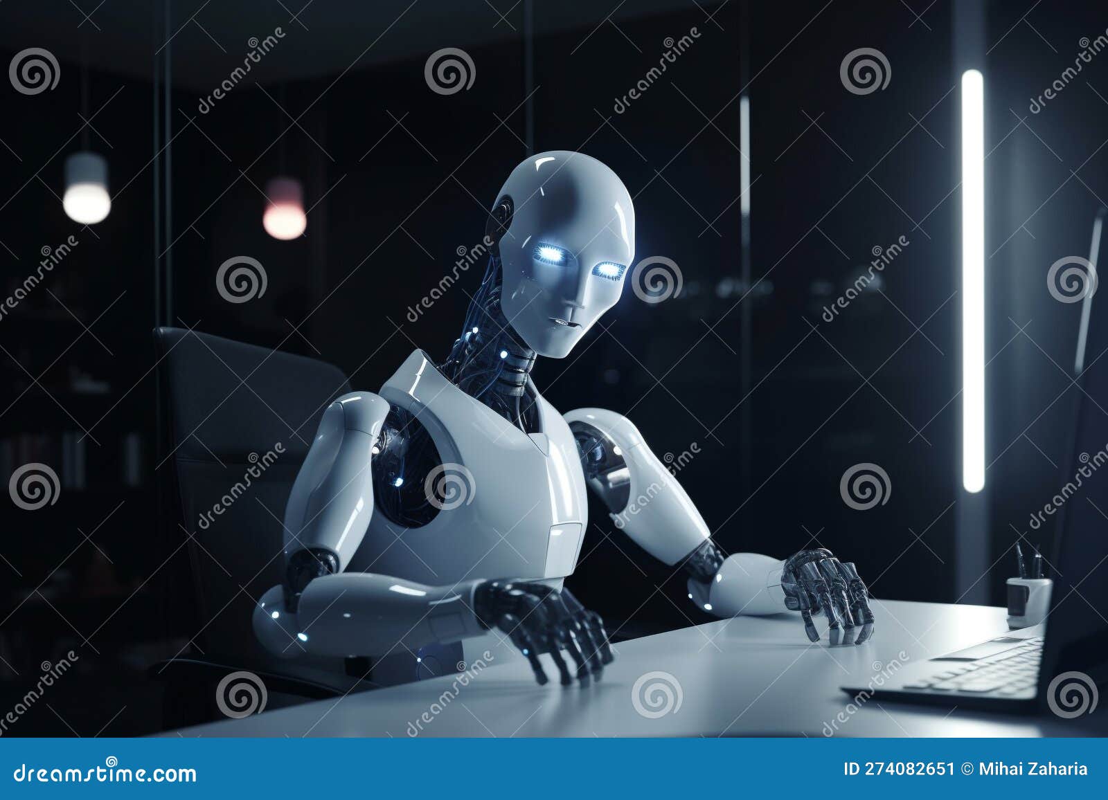 AI Android Robot ChatGPT Sitting On Desk And Using Computer To Chat ...