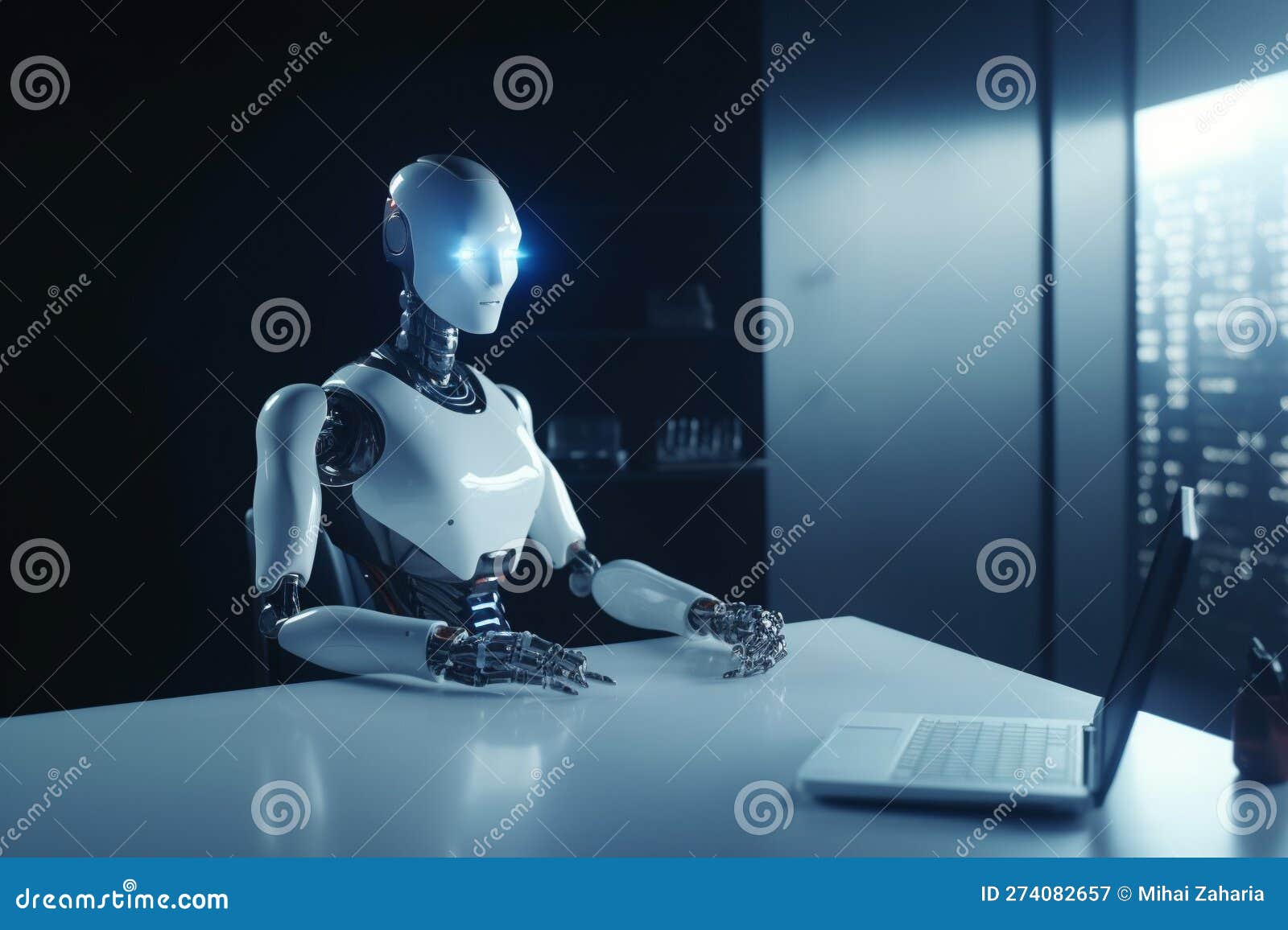 AI Android Robot ChatGPT Sitting on Desk and Using Computer To Chat ...