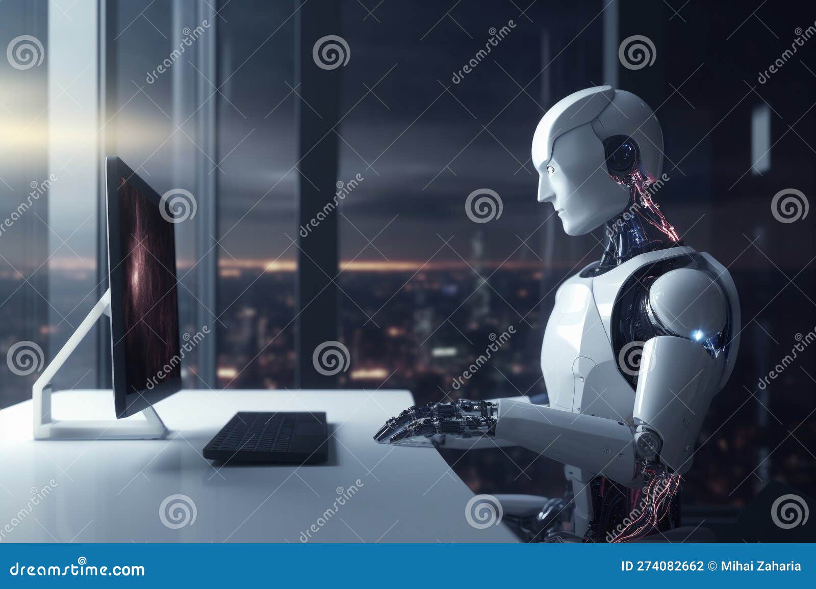 AI Android Robot ChatGPT Sitting On Desk And Using Computer To Chat ...