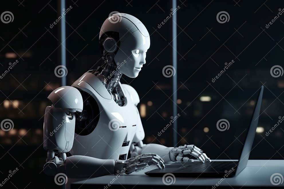 AI Android Robot ChatGPT Sitting on Desk and Using Computer To Chat ...