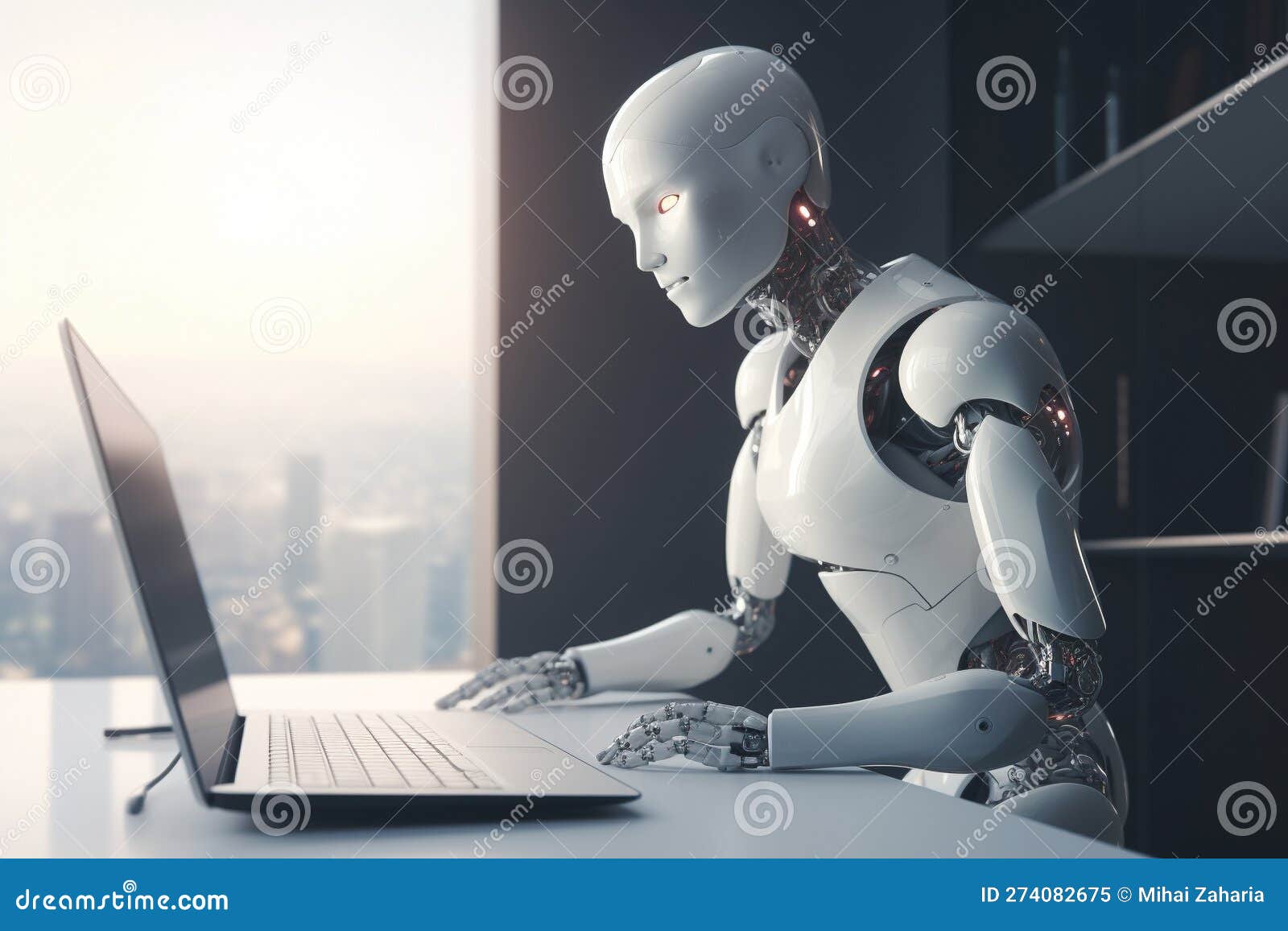 AI Android Robot ChatGPT Sitting on Desk and Using Computer To Chat ...