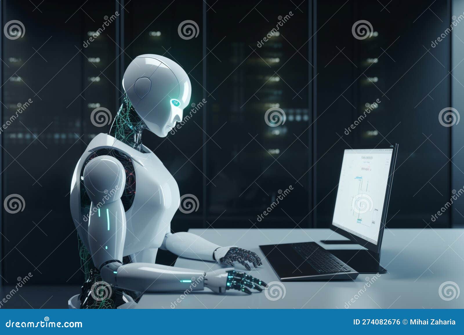 AI Android Robot ChatGPT Sitting on Desk and Using Computer To Chat ...