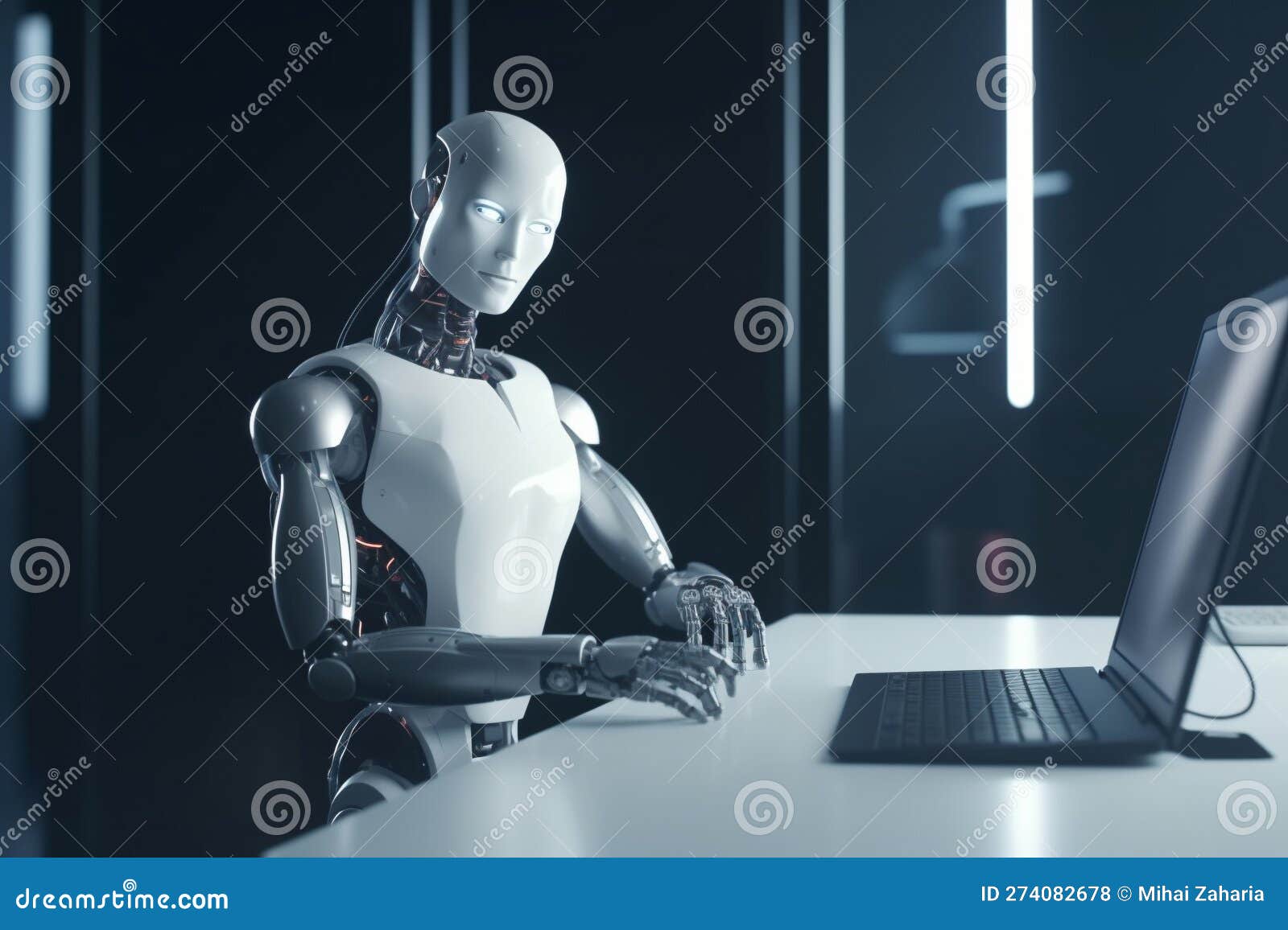 AI Android Robot ChatGPT Sitting on Desk and Using Computer To Chat ...