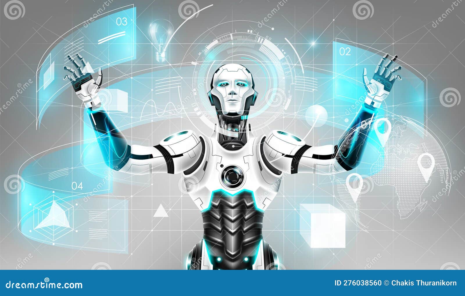 AI Artificial Intelligence in Humanoid with 3d Hologram Interface. Future Cybernetic Artificial ...