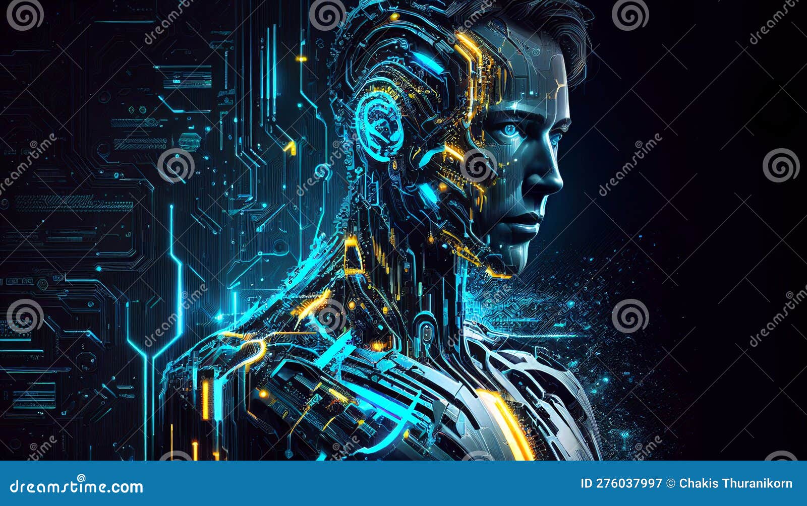 AI Artificial Intelligence Humanoid Side View with Blue and Yellow ...