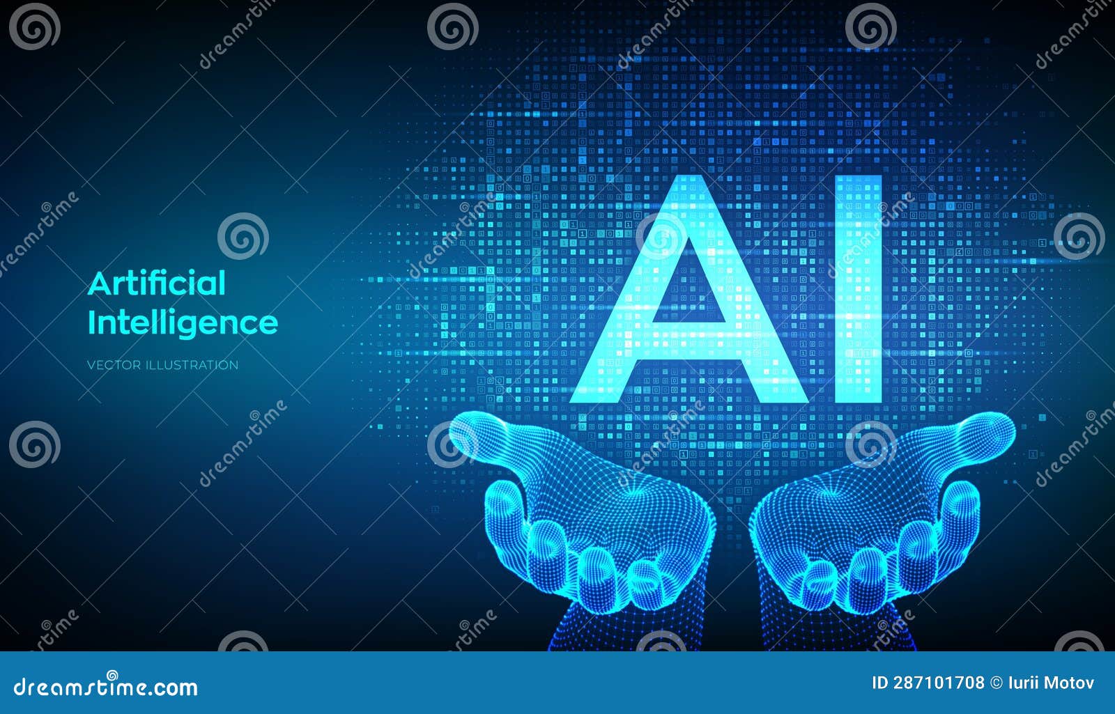 AI. Artificial Intelligence. Letters AI Made with Binary Code in Wireframe Hands Stock ...