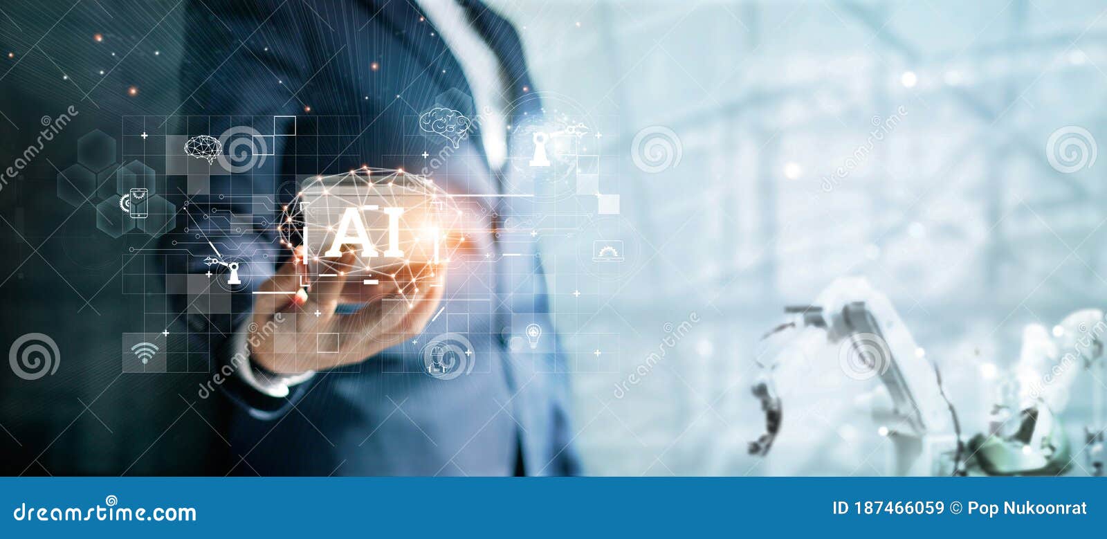 AI, Artificial Intelligence and Machine Learning, Businessman Holds a ...