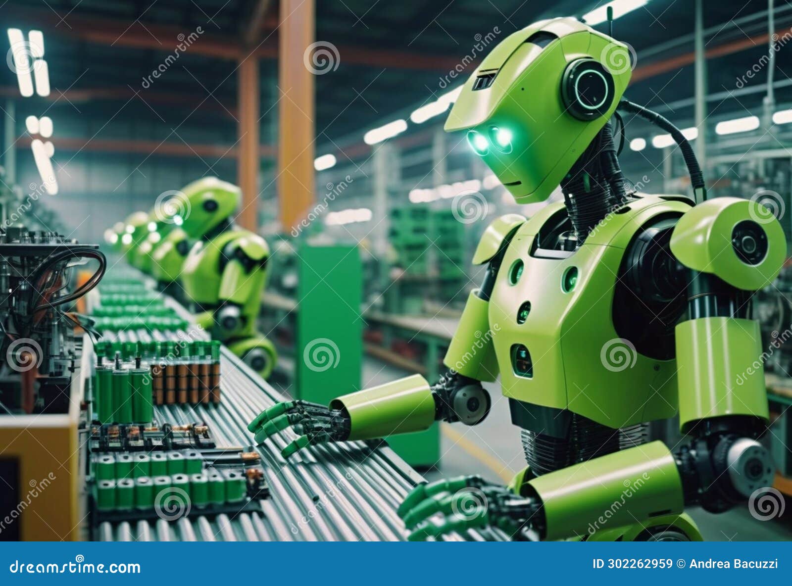 Humanoid Robots Working in a Factory Assembly Line Stock Illustration ...