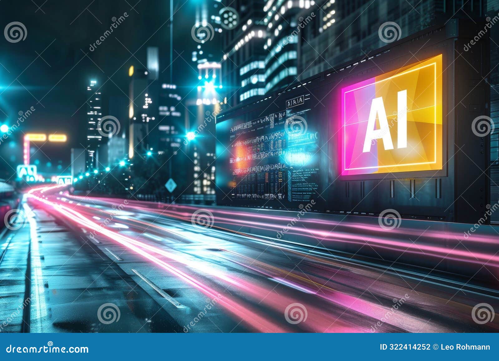 Ai Billboard in Futuristic City Neon Light Digital Art Technology ...