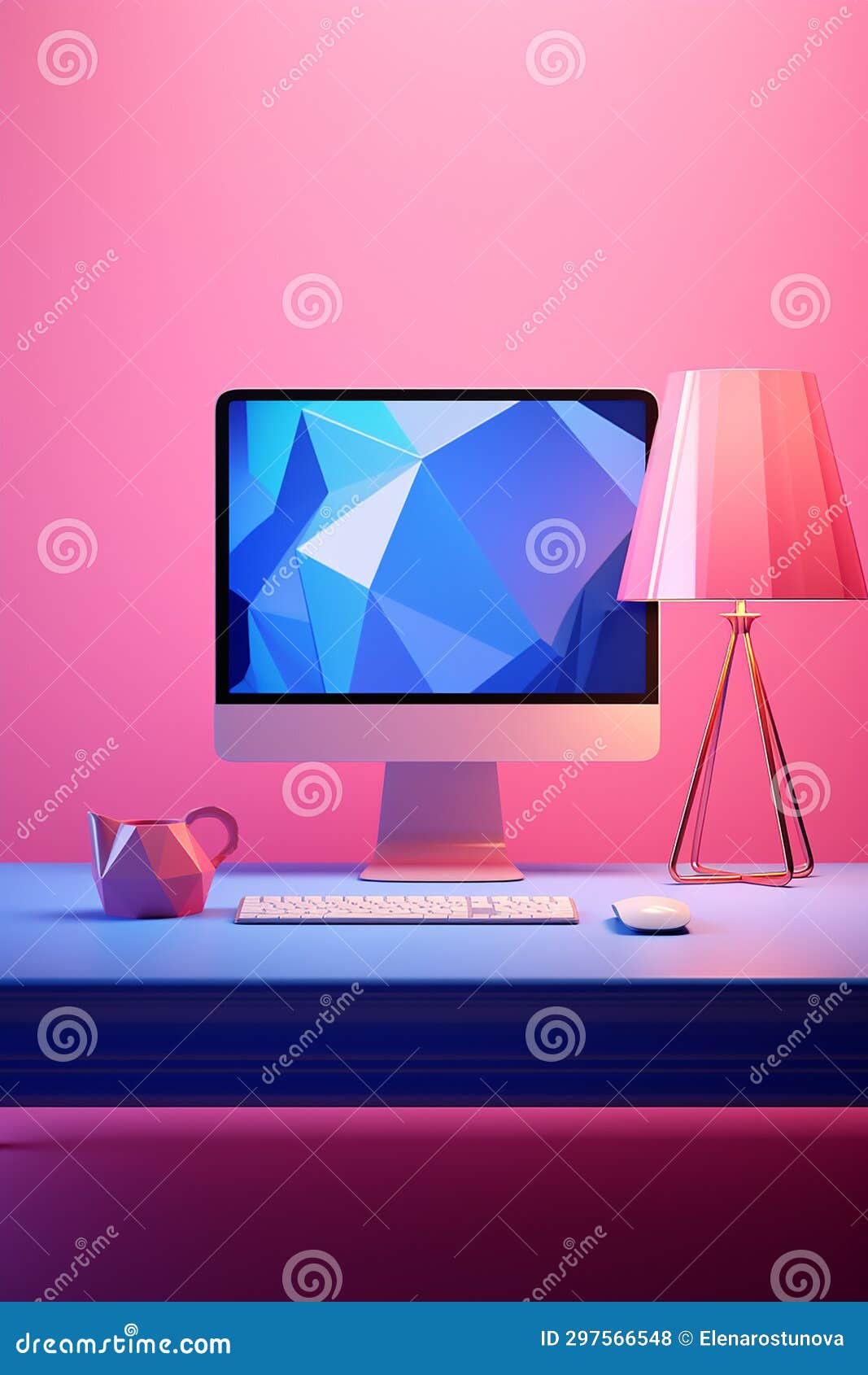A Blue Computer with Accessories on Table in a Pink Interior Stock ...