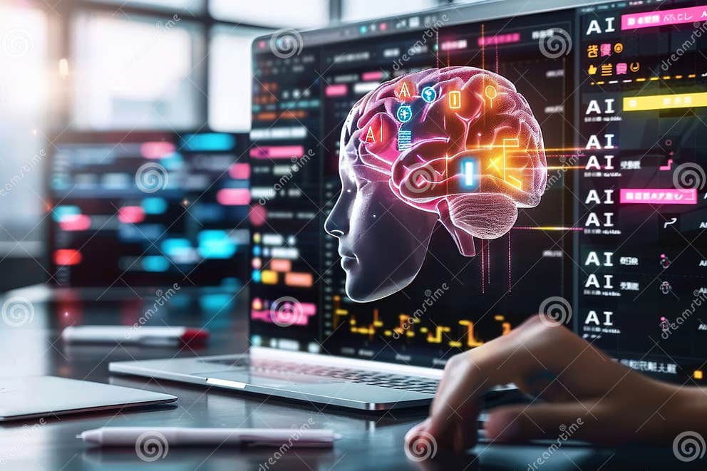 AI Brain Interface on a Digital Screen, Representing Neural Networks ...