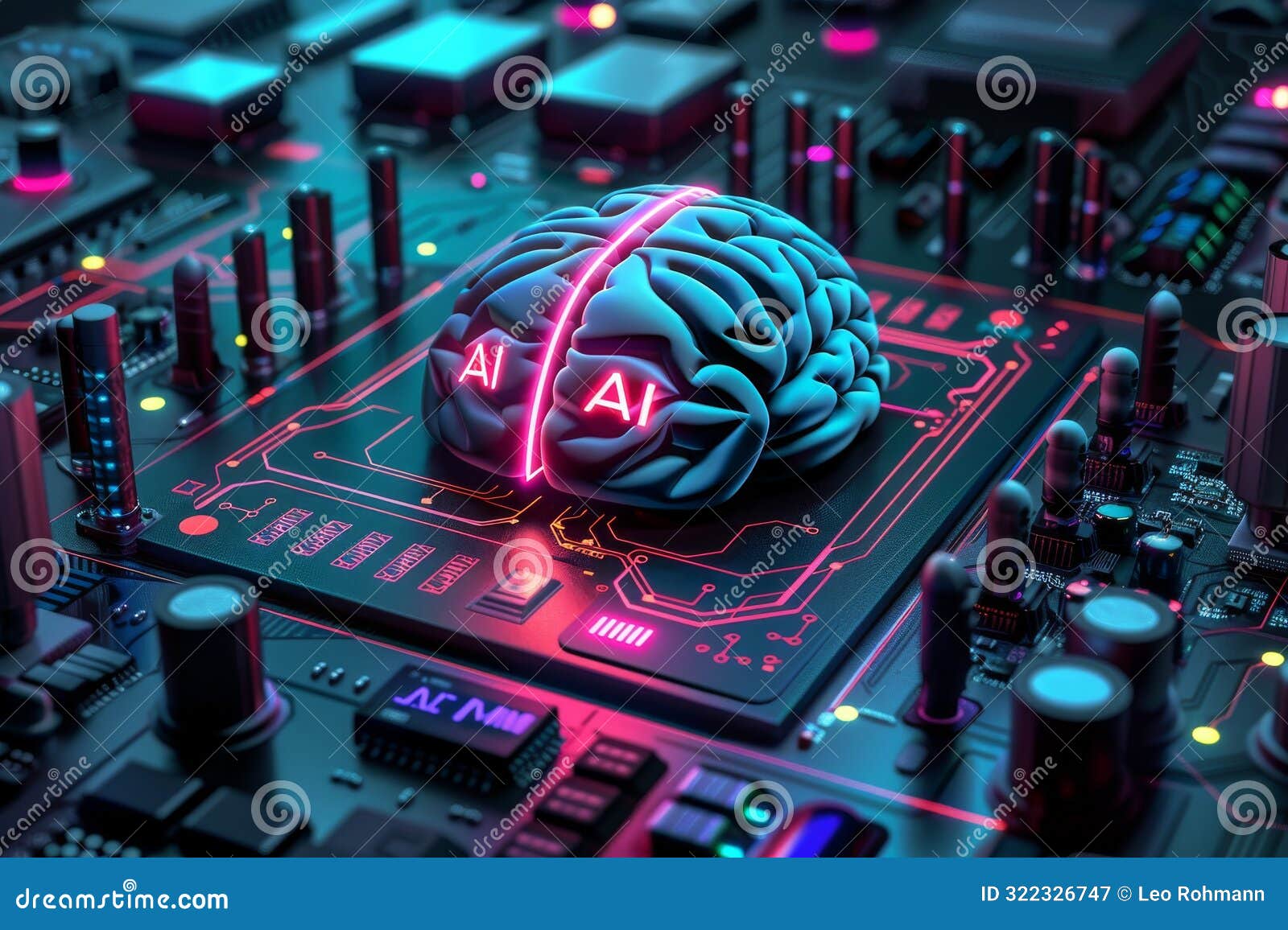 AI Brain Microchip Glowing in a High Tech Digital Circuit, Showcasing ...