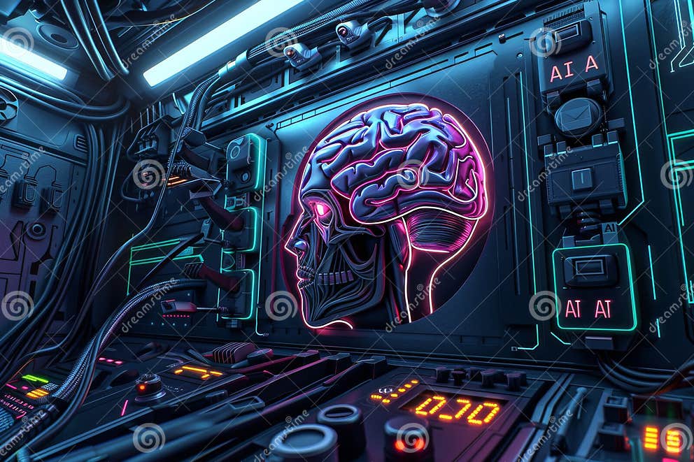 AI Brain with Neon Circuits in a High Tech Control Room, Showcasing ...