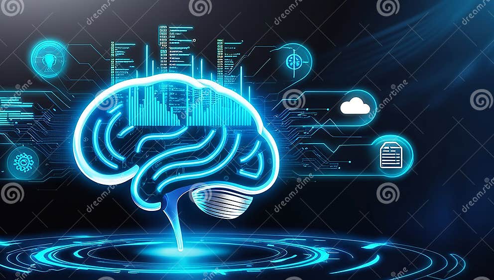 AI Brain Symbol with a Holographic Interface Displaying Data Analysis, Machine Learning ...