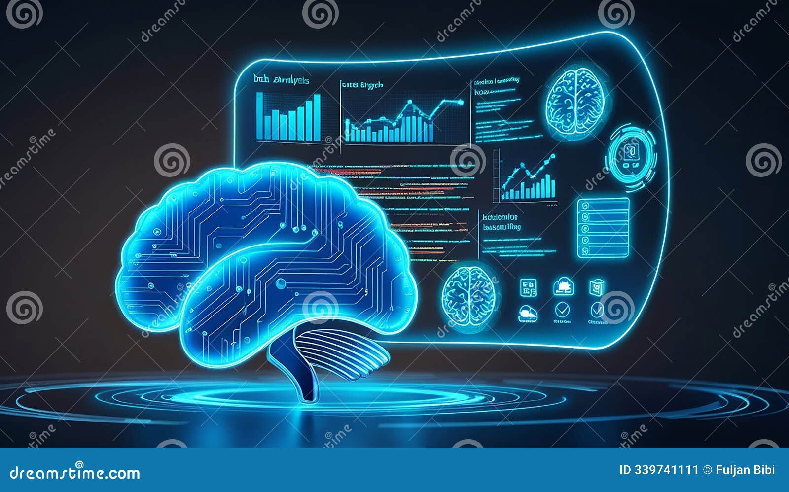 AI Brain Symbol with a Holographic Interface Displaying Data Analysis, Machine Learning ...