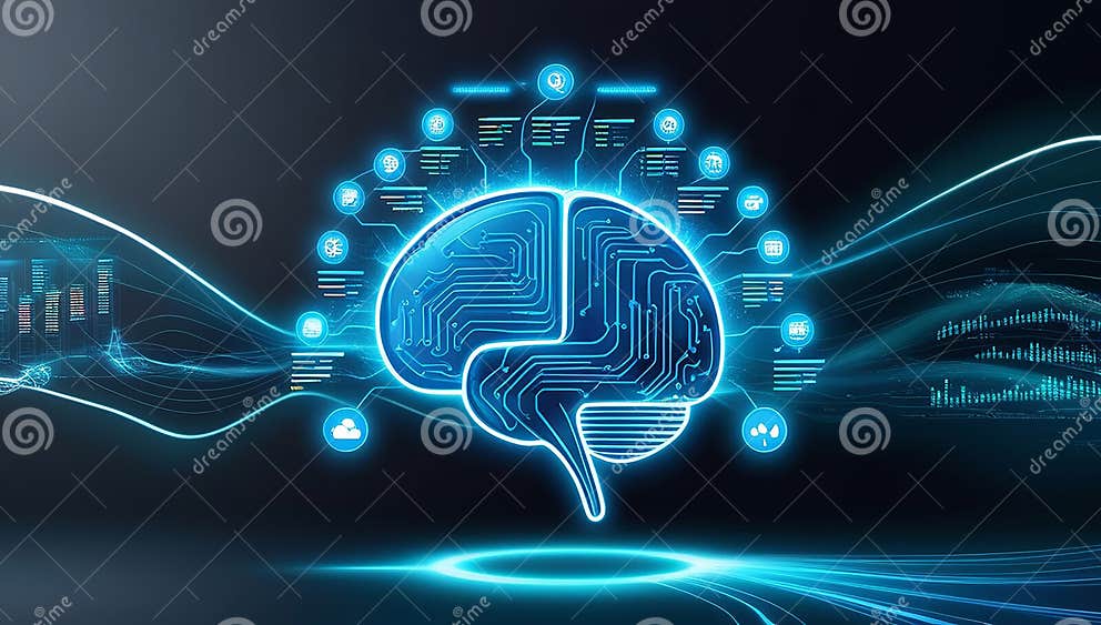 AI Brain Symbol with a Holographic Interface Displaying Data Analysis, Machine Learning ...