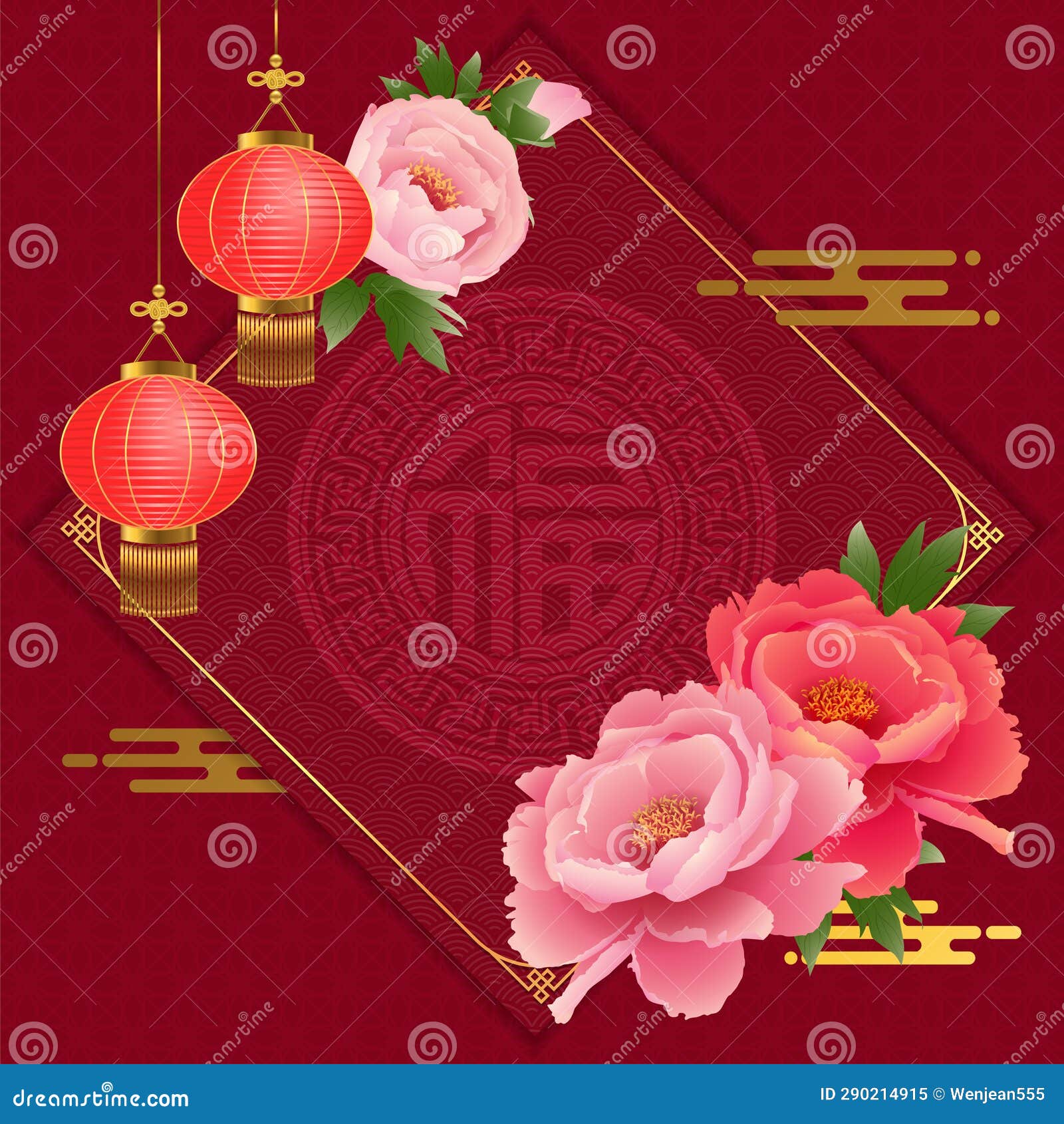 Red Spring Festival Background with Peonies and Lanterns Stock ...
