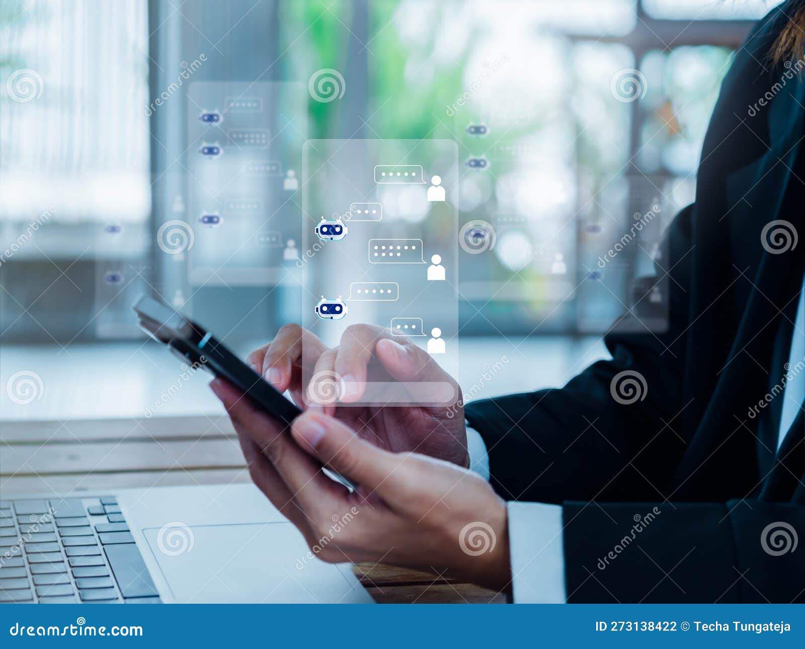 AI Chat Bot Technology Concept. Conversation Chat Panel with Robot on ...