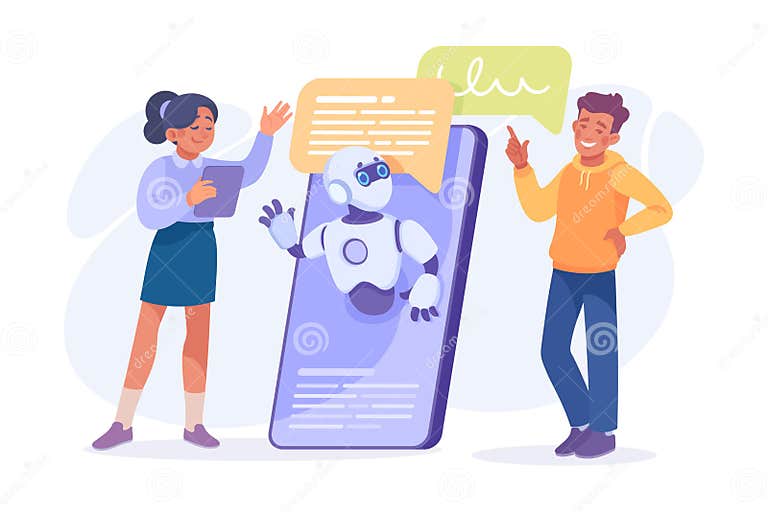 Ai Chatbot Communication with Man and Woman at Smartphone Vector ... Ai Chatbot Communication with Man and Woman at Smartphone Vector ...