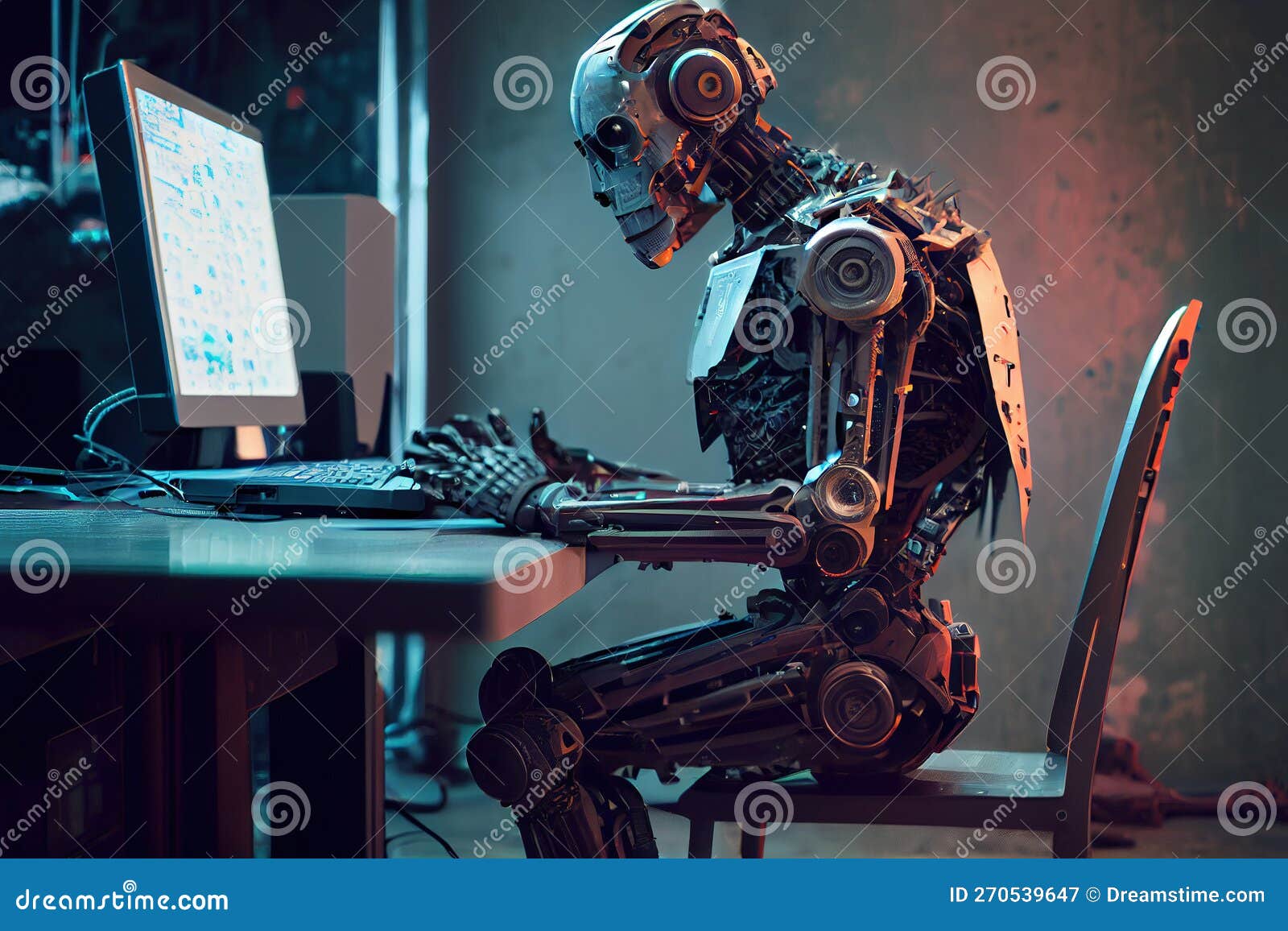 AI Chatbot Robot Sitting at Desk Typing on Computer Keybord ... AI Chatbot Robot Sitting at Desk Typing on Computer Keybord ...