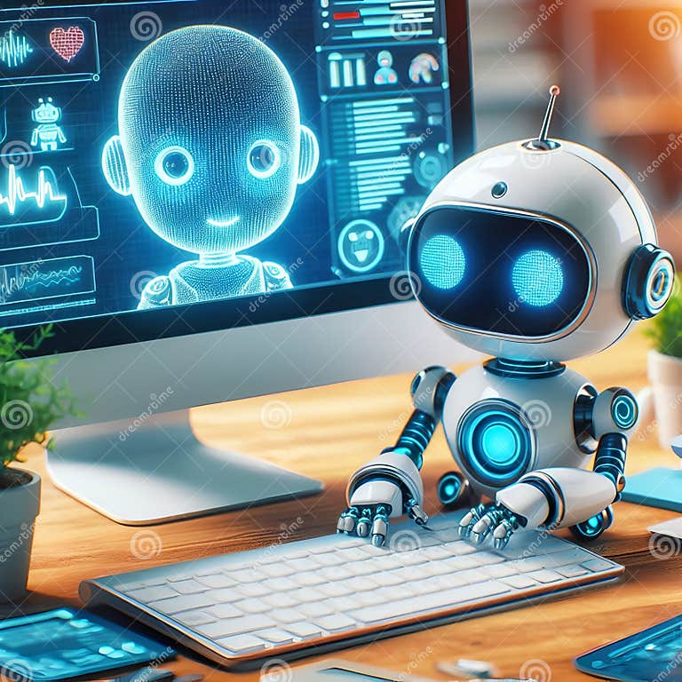 An AI Chatbot Typing on a Computer with a Cute Retro Robot Stock ...