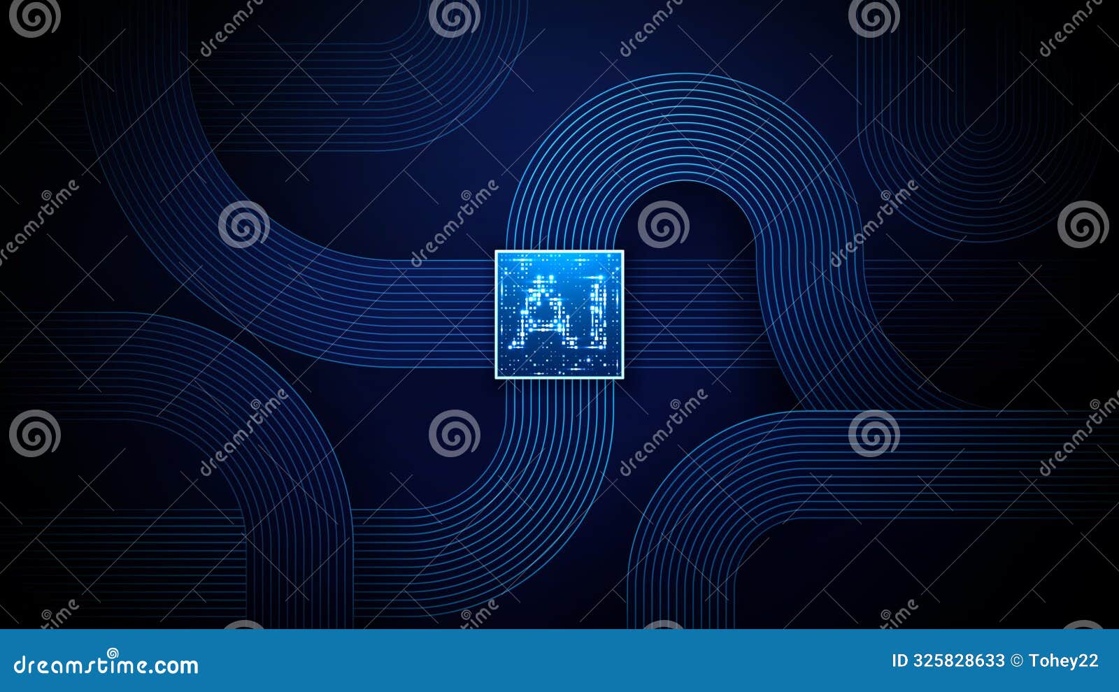 AI Chip on Technology Blue Background. Circuit with Flat Circle Cables ...