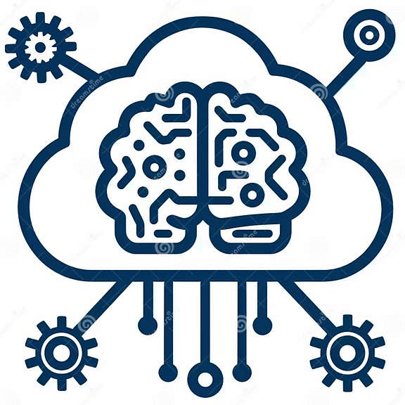 AI Cloud Computing with Brain Icon, Artificial Intelligence Concept Illustration in Outline ...