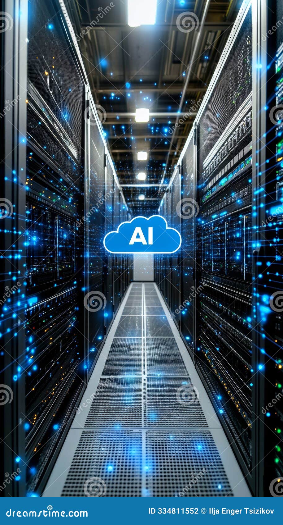 AI Cloud Computing, Digital Transformation. Data Storage Server Room with Artificial ...