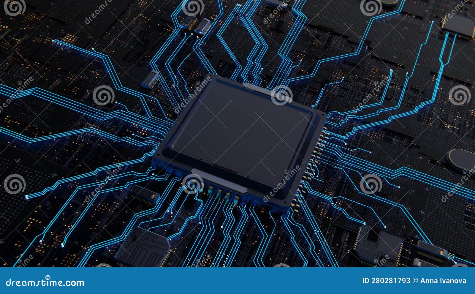 Ai Computer Chip Processor on Motherboard Glows Blue. Artificial ...