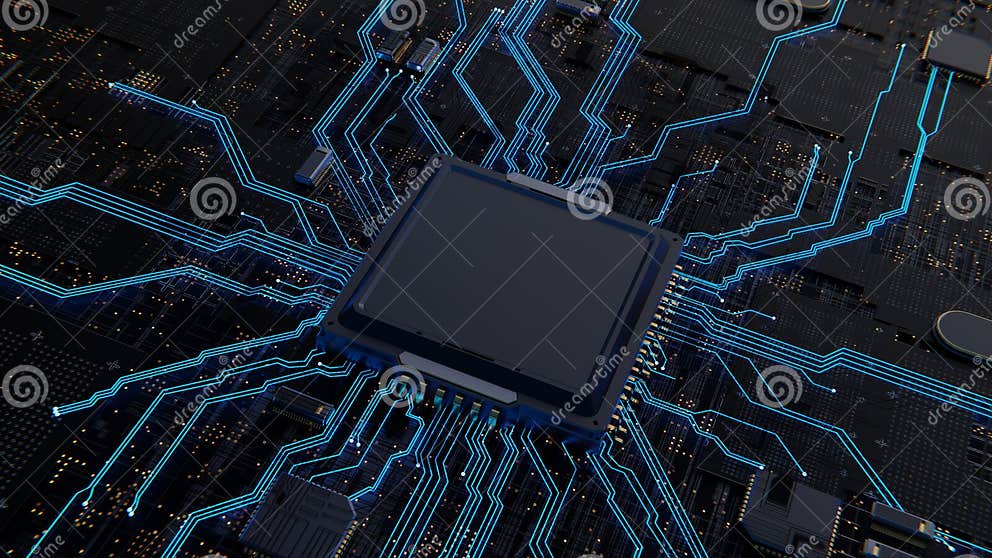 Ai Computer Chip Processor on Motherboard Glows Blue. Artificial ...