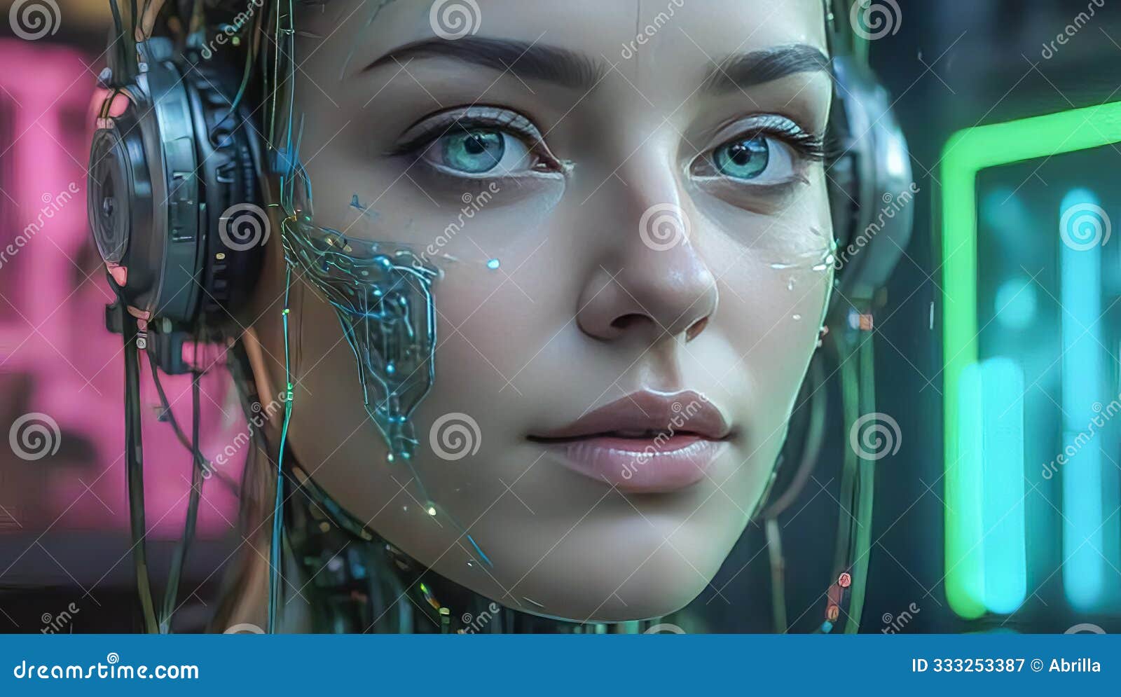 AI Concept: Robot Portrait with Female Human Face and Visible Data ...
