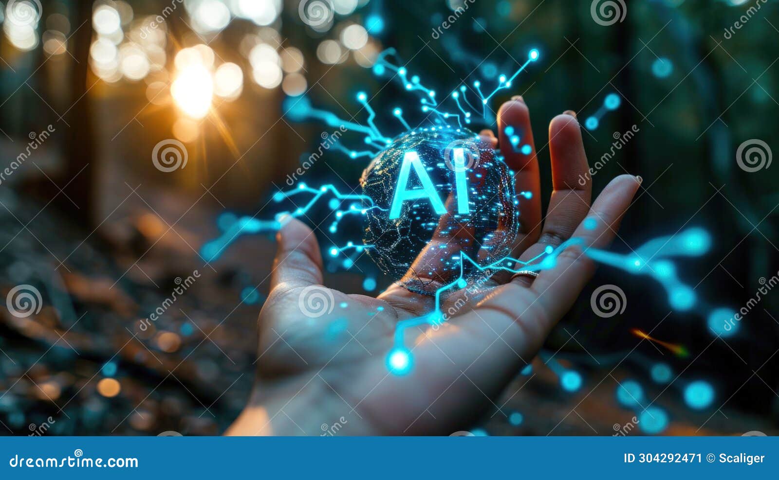 AI with Connection Points on Human Hand, Shiny Abstract Artificial ...