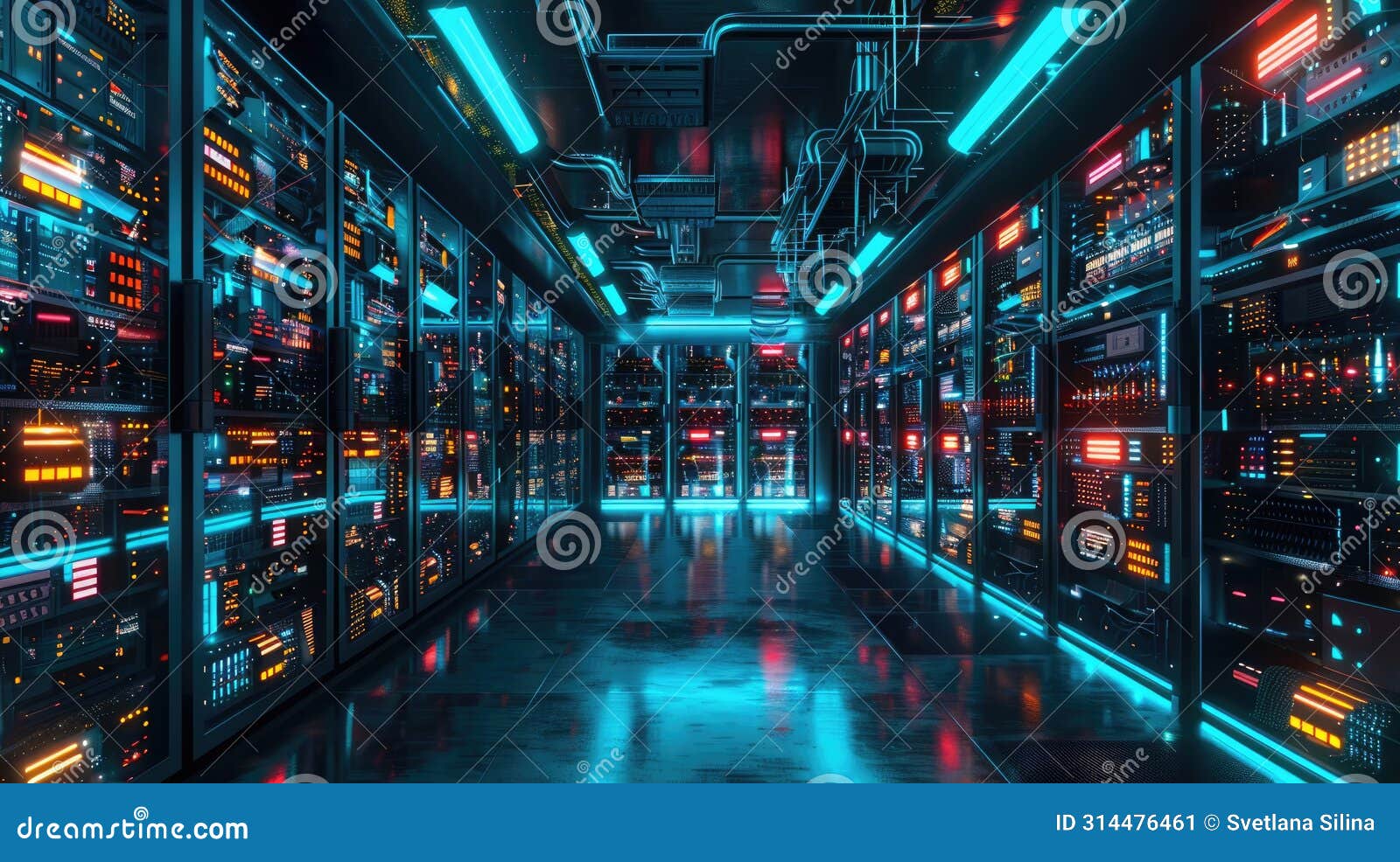 AI Content Generation. Panoramic Server Room View Showing AI S Power in ...