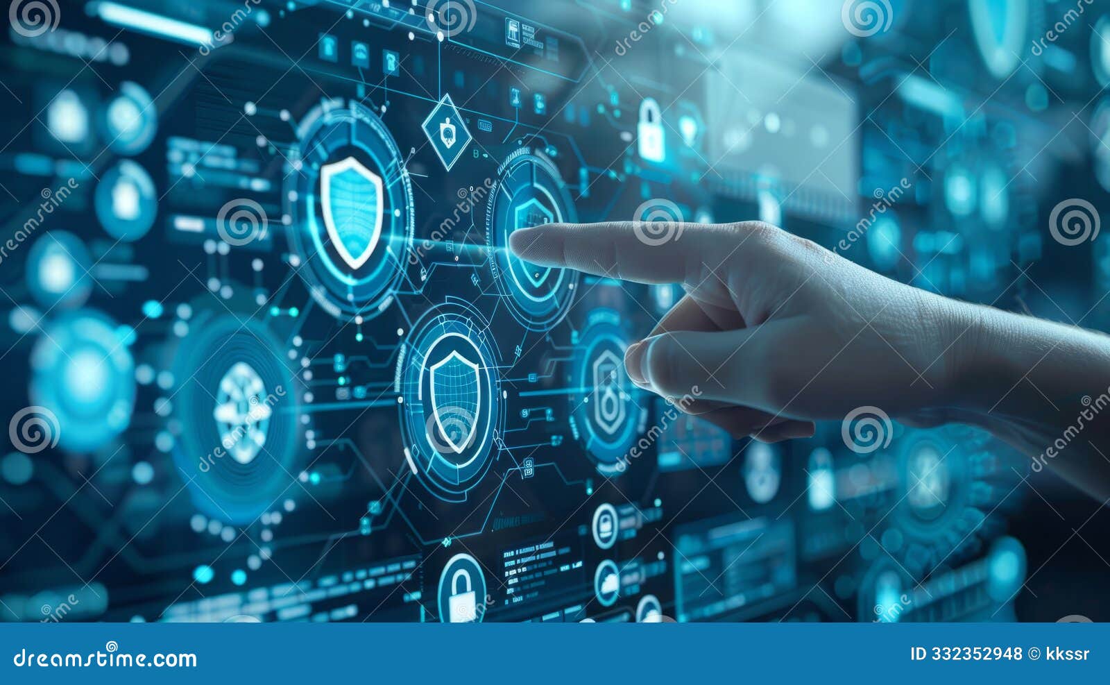 AI Cyber Security, a Hand Interacts with a Virtual Security Hologram, Emphasizing Cybersecurity ...