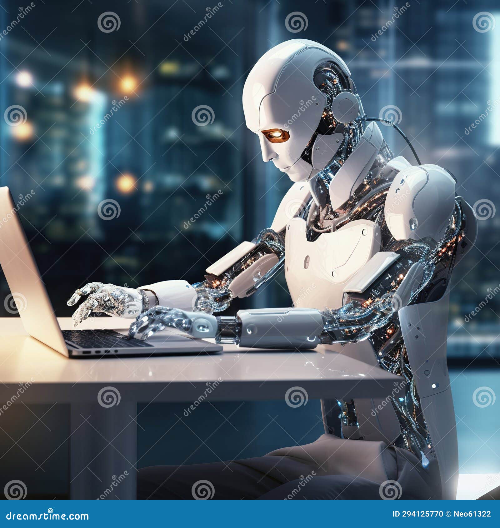 AI Cyborg Android Robot Working with Laptop in Office Artificial ...