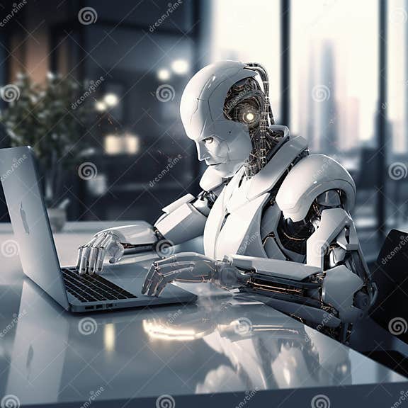 AI Cyborg Android Robot Working with Laptop in Office Artificial ... AI Cyborg Android Robot Working with Laptop in Office Artificial ...